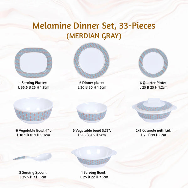 33 Pcs Melamine Vintage Meridian Gray Dinner Set | Designer Indian Din ...
